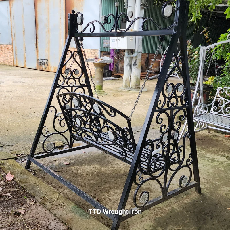 Antique White Wrought Iron Double Porch Swing Bench