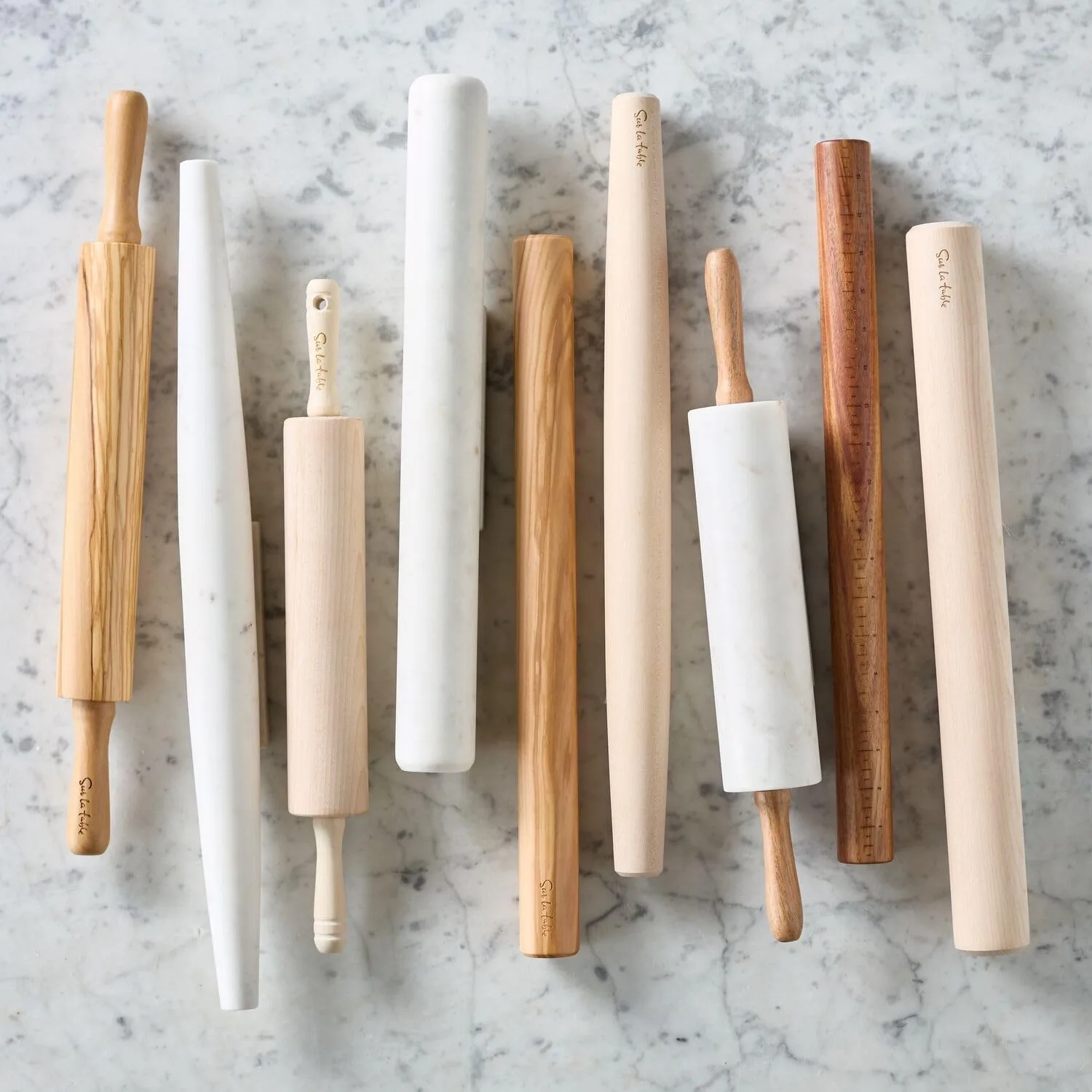 White Marble Rolling Pin with Wooden Cradle Thick Handle Set for Baking ...
