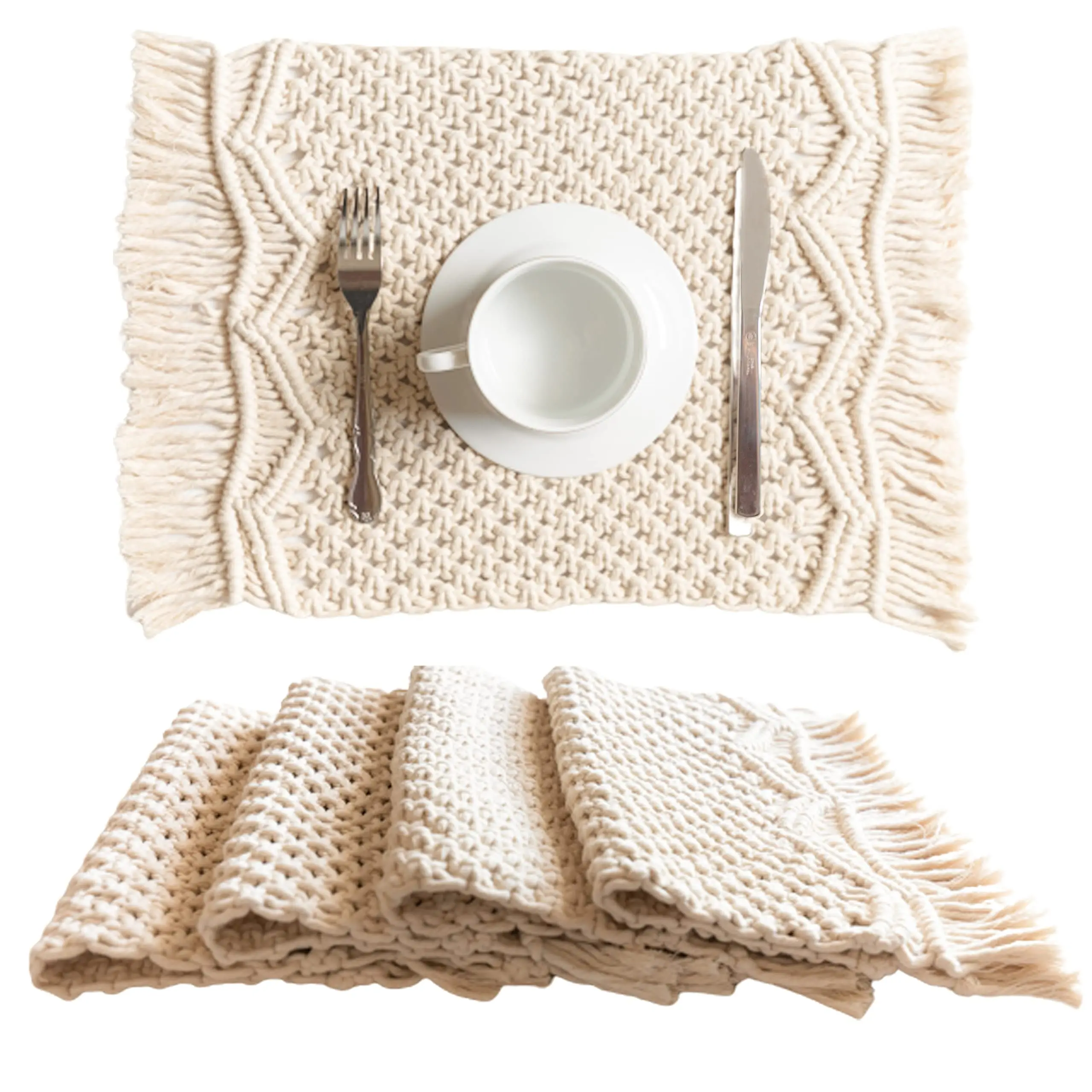 Dining Round Placemats Boho Macrame Woven Tassel Print Table Mats Pad ...
