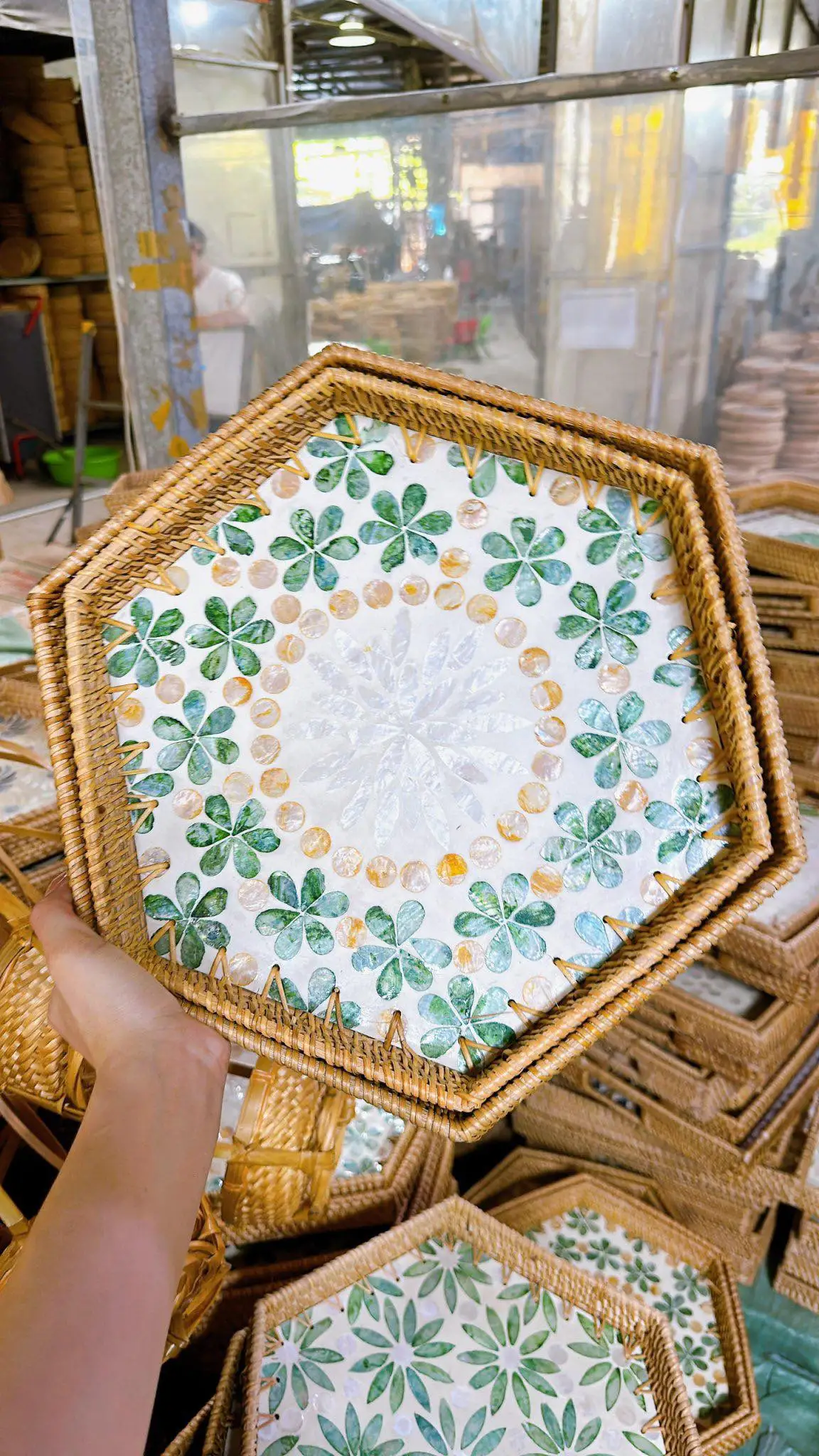 Best Selling Customizable Mother Pearl Shell Inlay Hexagon Tray Rattan ...