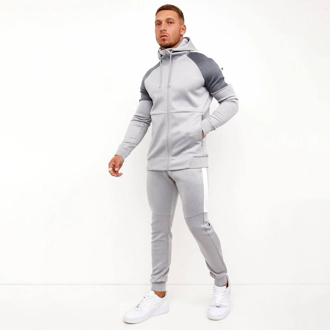 White Casual Black Striped Sport Slim Fit Zipper Jacket Jogger Plain ...