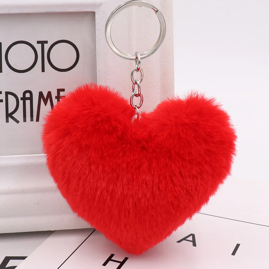 Soft Cute Heart Shape Furball Pompom Keychain Plush Fluffy Ball Rabbit ...