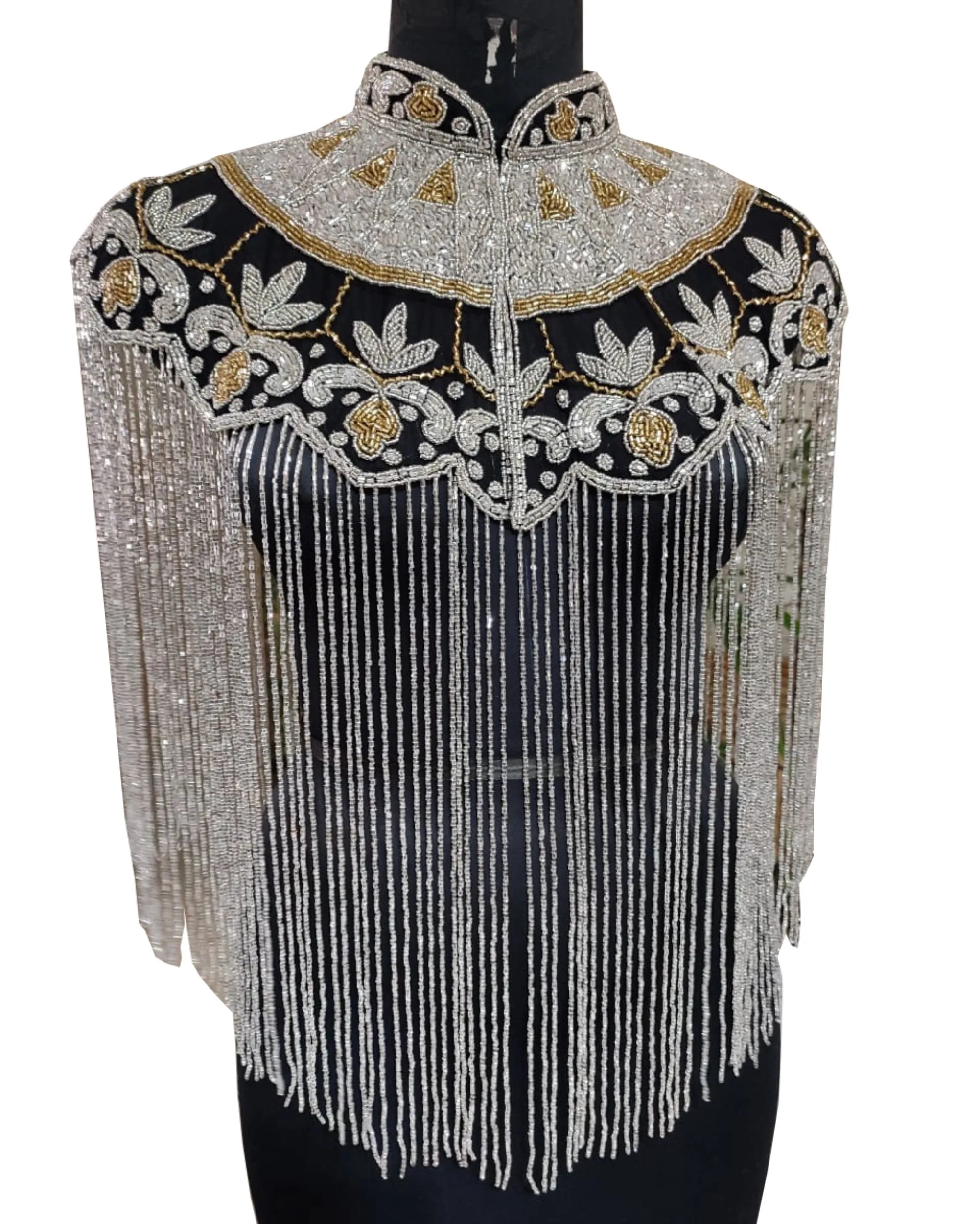 Hand Embroidered Designer Cape - Shiny Silver Gold Fringe