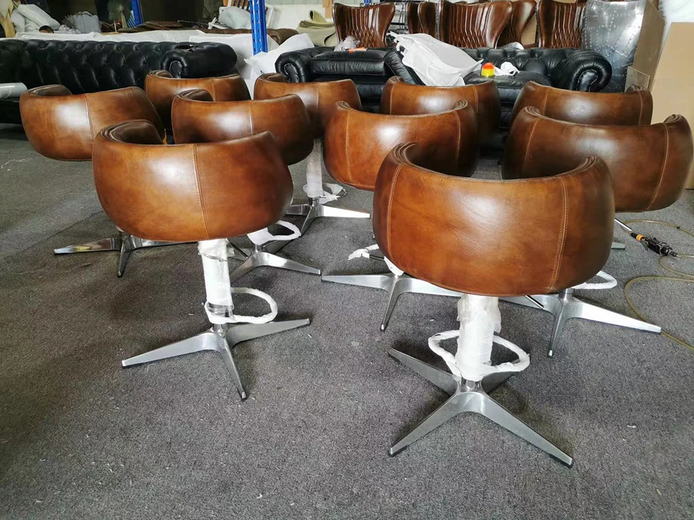 Vintage Brown Genuine Leather Barstool - Aviation Style