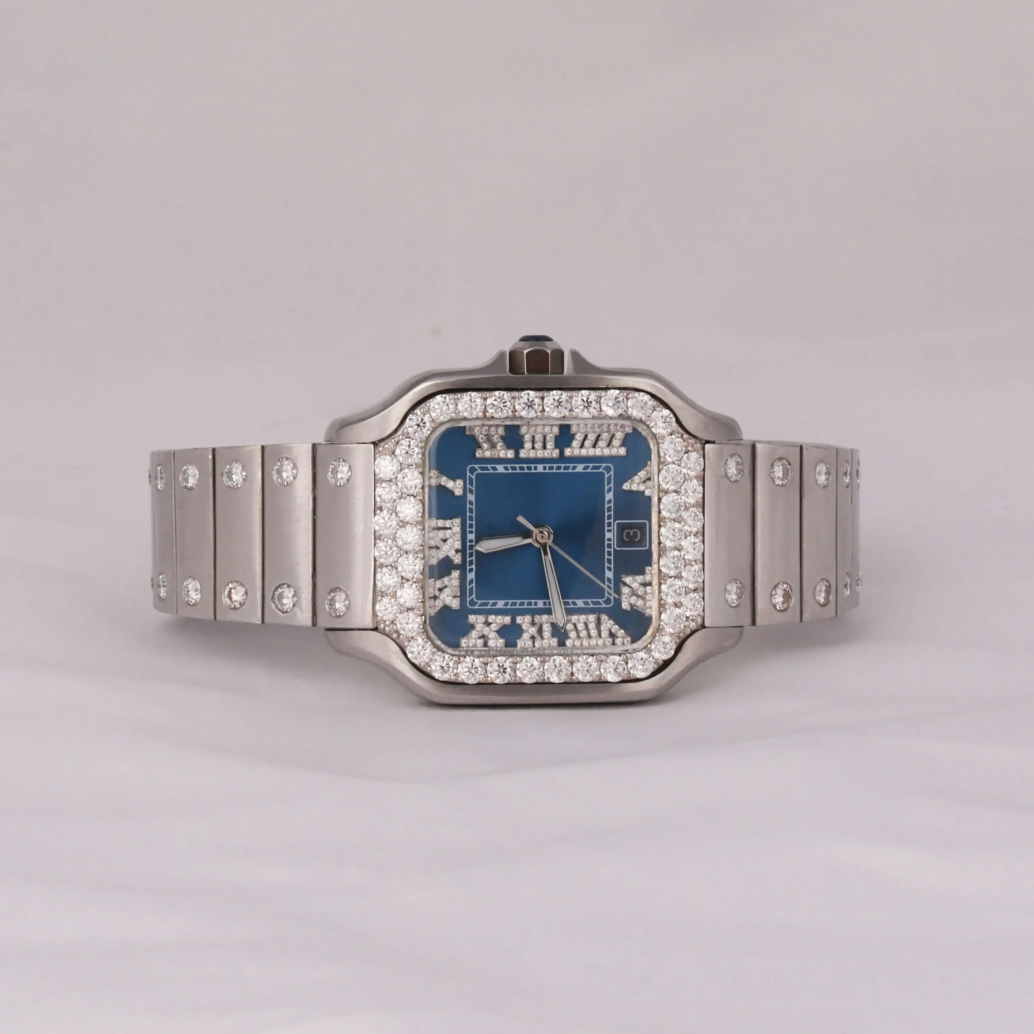 Luxury Fashion Stunning Blue Fancy Dial Full Iced Out Round Moissanite ...