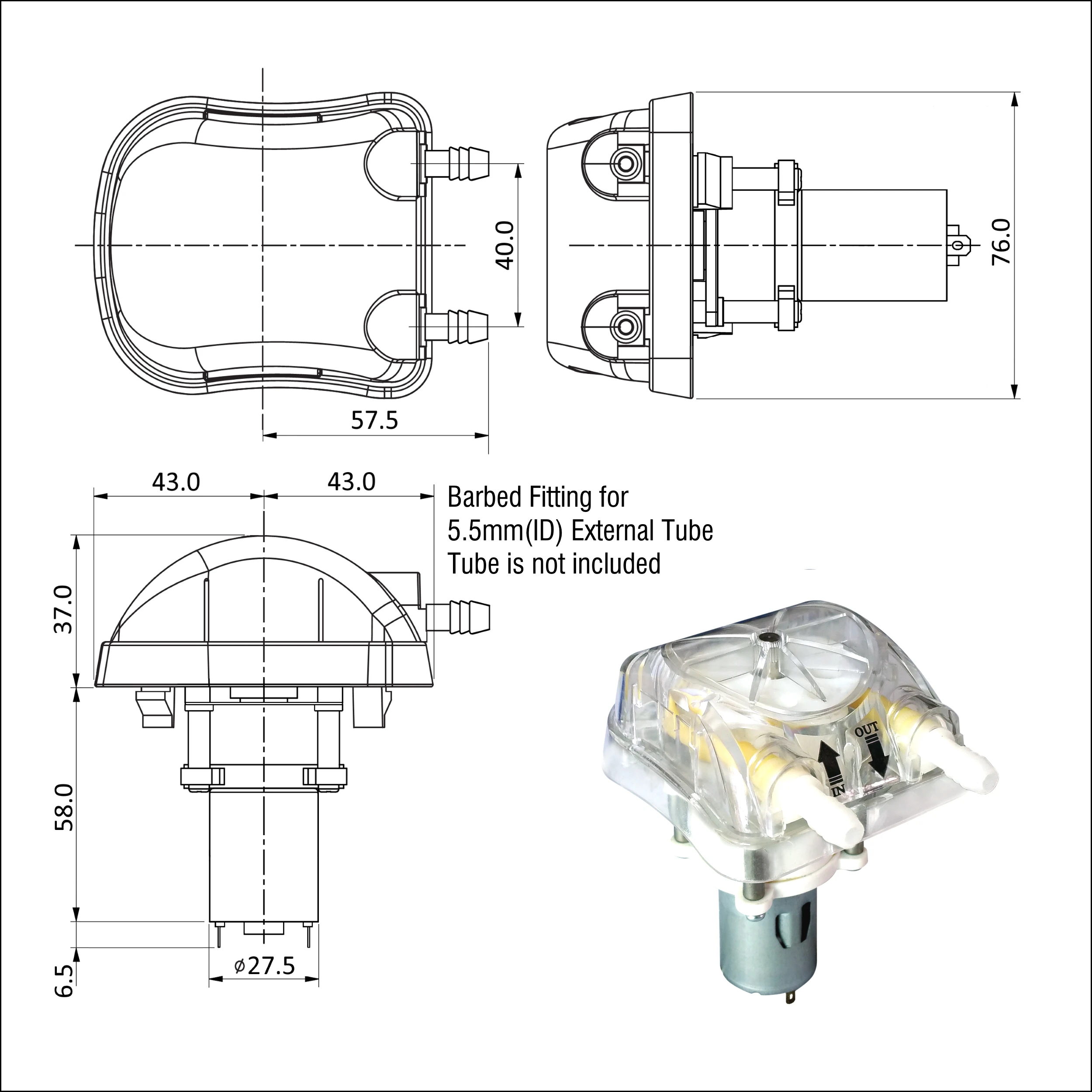 Peripump 500ml/mim, 12V Peristaltic Pump with Exchangeable Head