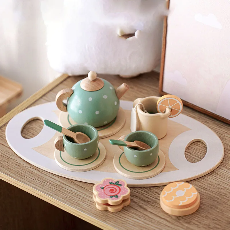 Preschool Wooden Kids Pretend Play Toys Tableware Play Set Afternoon ...