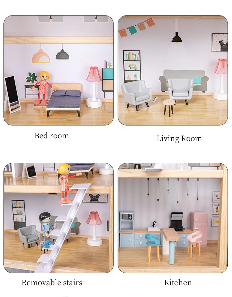 Wooden Dollhouse Multi-level Diy Doll Cottage With Furniture ...