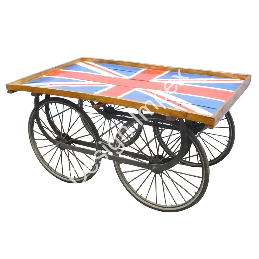 Hand Crafts Custom Trolley UK Flag Top Design Wood Tray With Iron Base ...