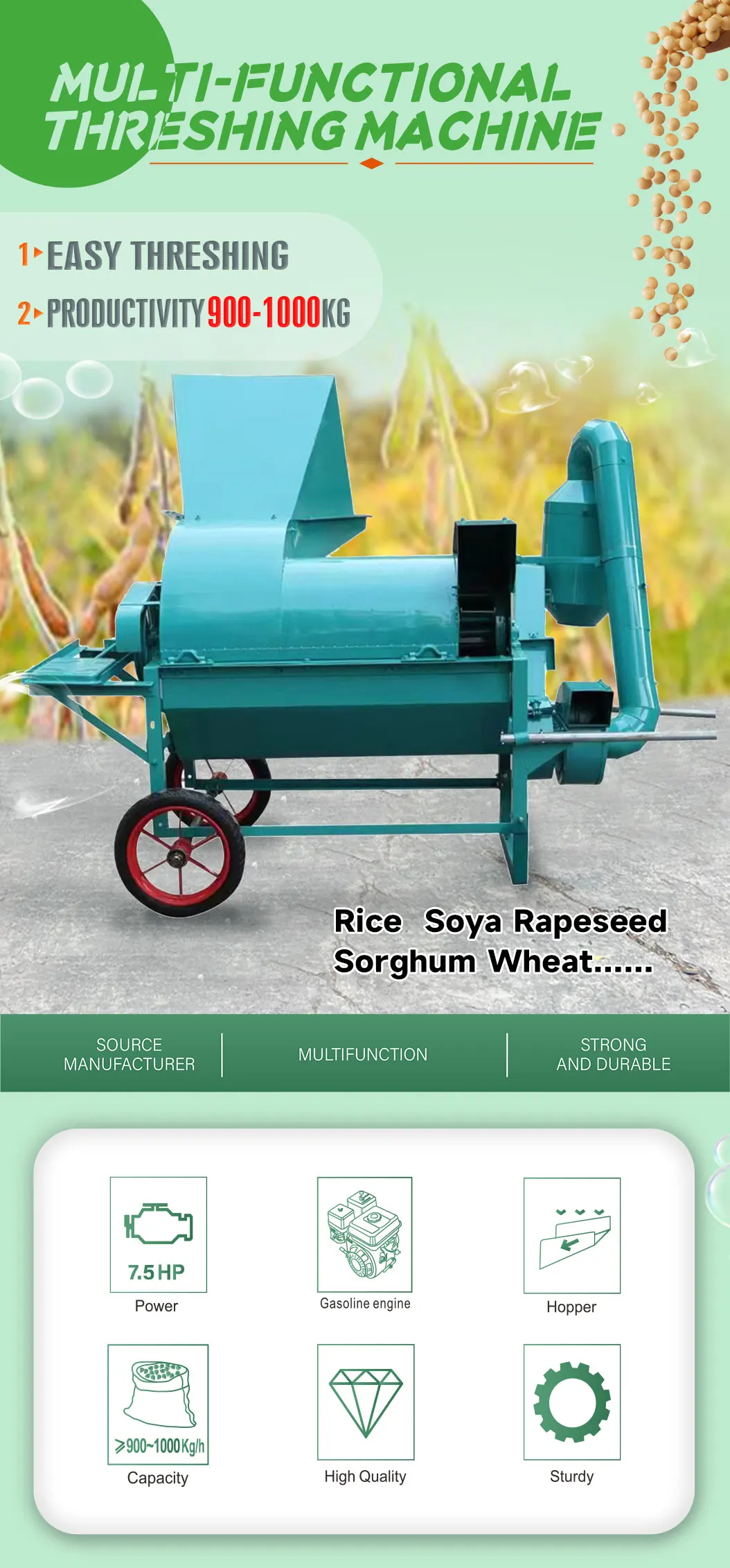 High Capacity Rice Thresher - 800-900kg/hour Efficiency