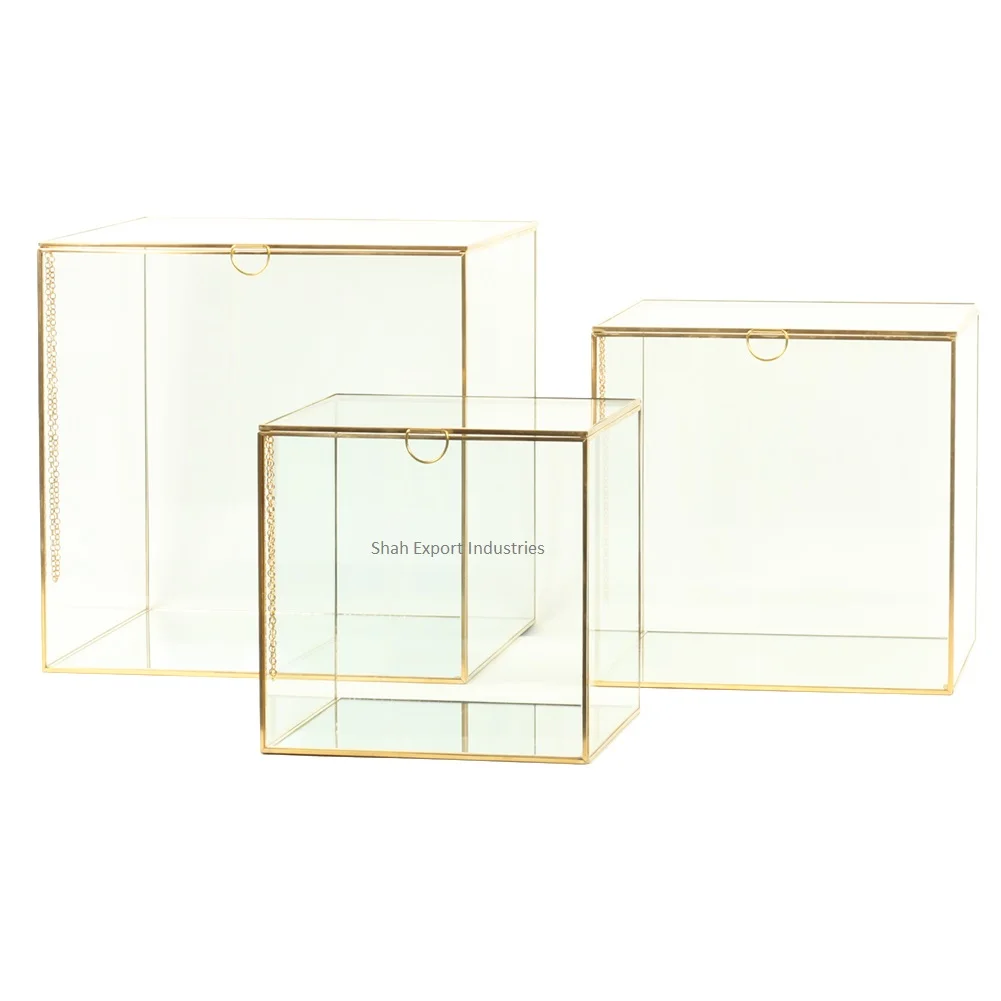 Glass & Brass Display Cases Gold Square Jewelry Containers Large Jeweler Packing & Display Box ...