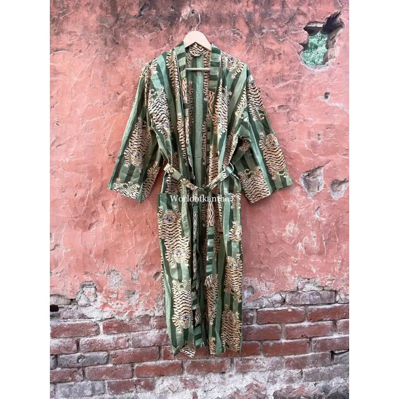 Wholesale Bohemian Style Indian Cotton Tiger Print Kimono Maxi Bathrobe ...