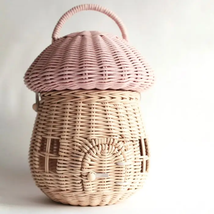 Pink Mushroom House Shaped Rattan Basket - Cute Storage