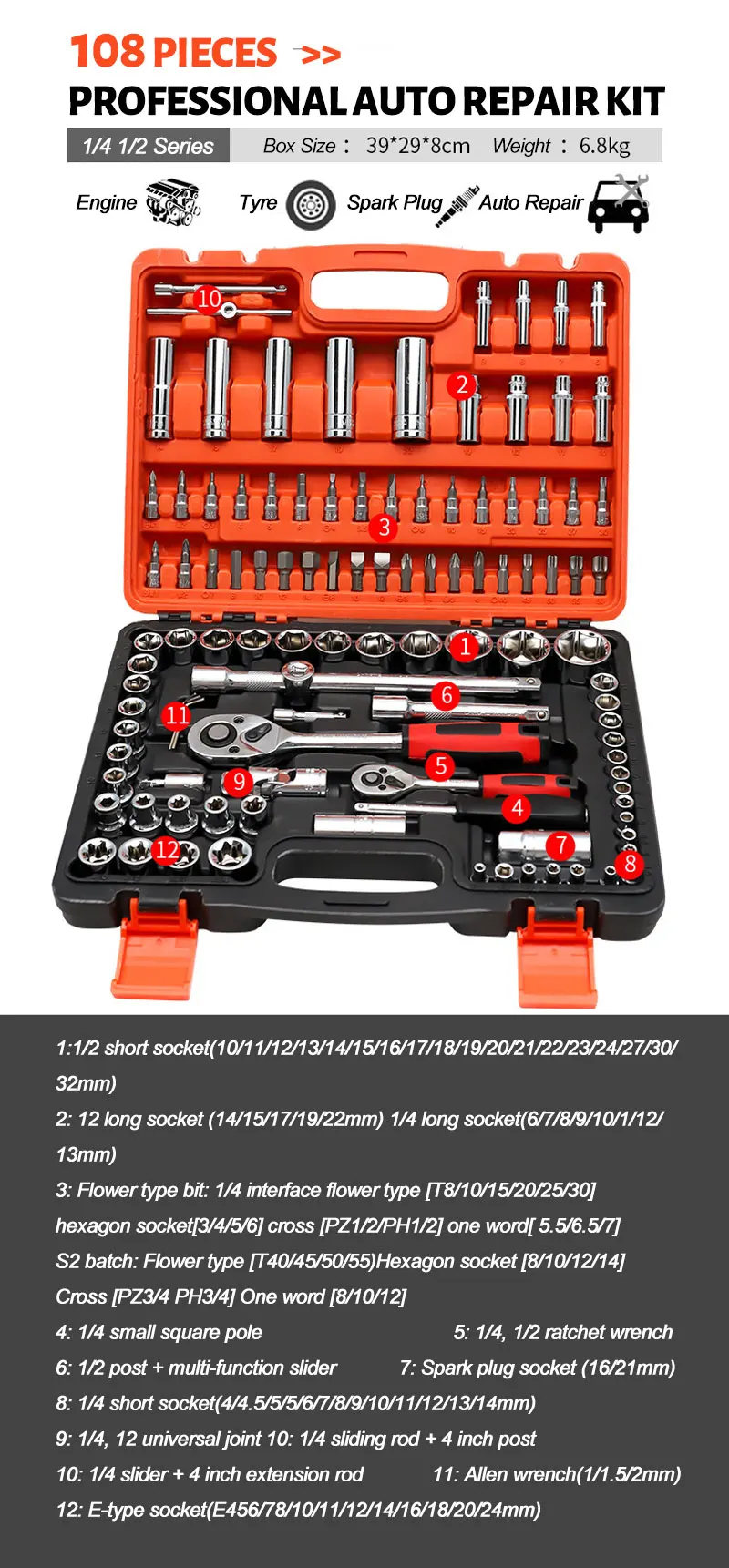 108pcs Quick Release Reversible Ratchet Torque Wrench Tool Box Set 1/4" 1/2" Drive Socket Set ...