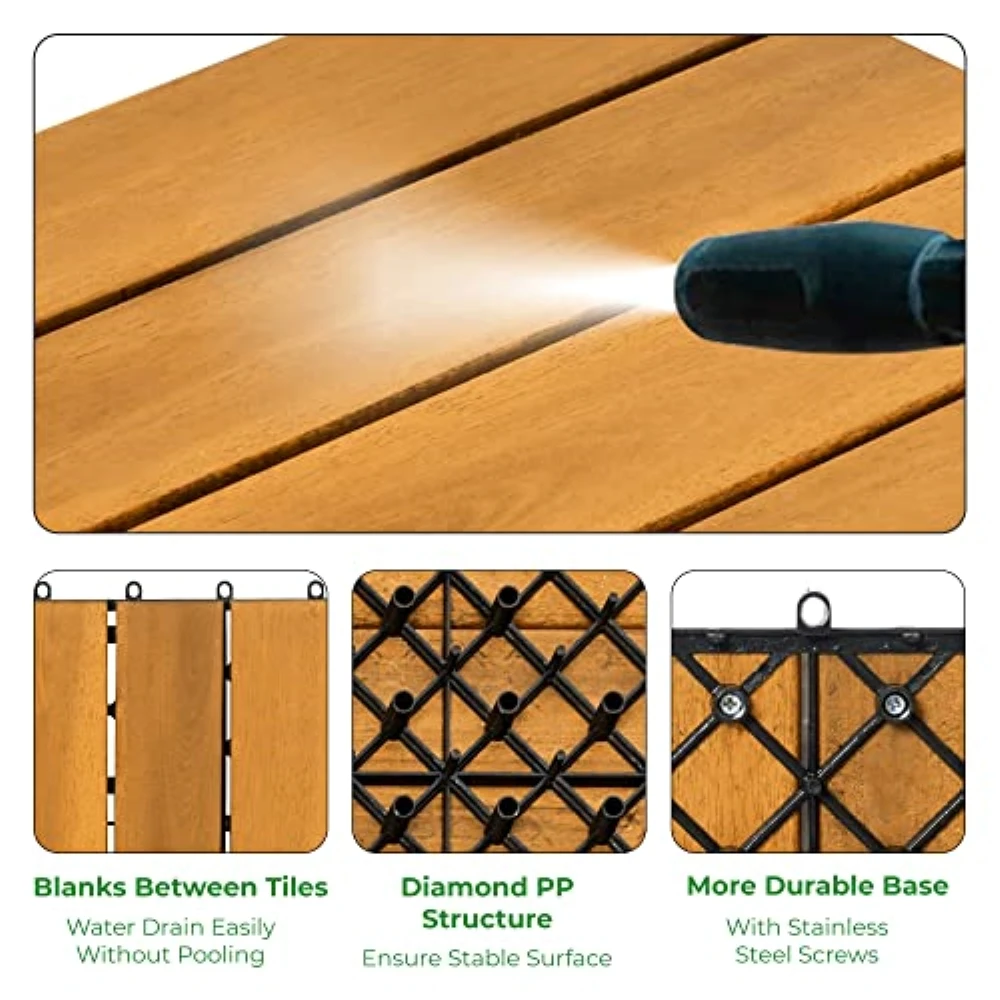 Interlocking Deck Tiles 12"x12"x0.94''- 4 Slats Natural Acacia Wood ...