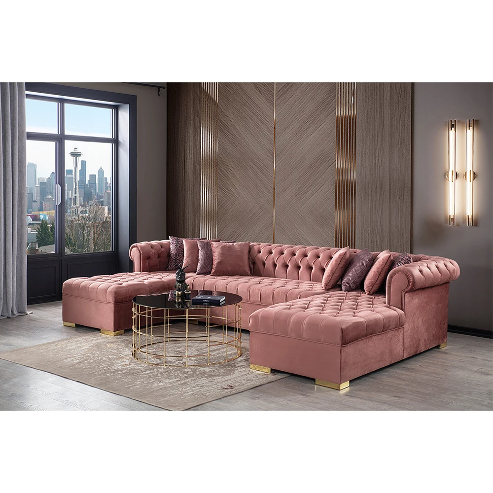 Turkish Luxury Corner U Shape Sectional Sofa Bed Set Upholstered Coach ...