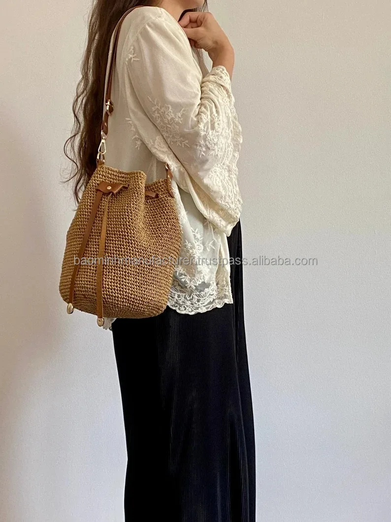 Bohemian Bucket Bag - Handwoven Paper Raffia with Drawstring
