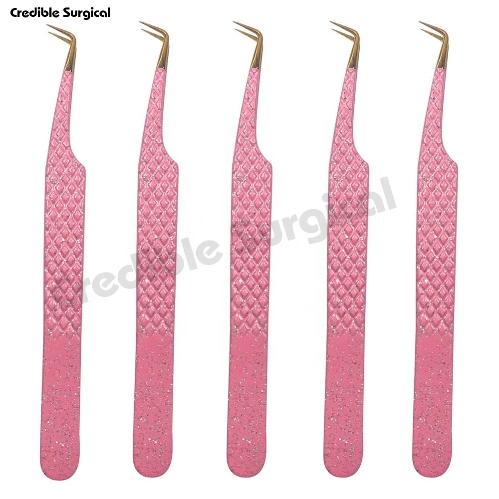 Pink Glitter Sparking Professional Eyelashes Tweezers Set Stainless ...