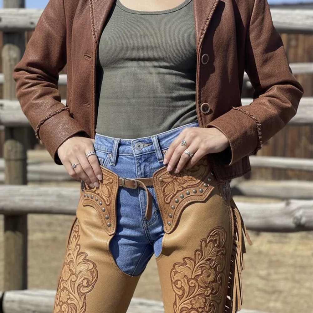 Hand Tooled Leather Cowgirl Chaps Western Rodeo Riding Chinks Ranch ...
