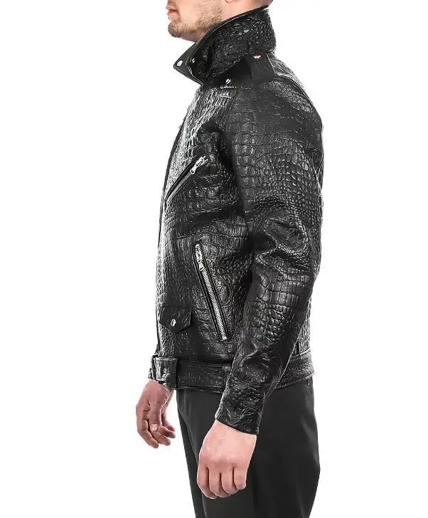 Men Biker Alligators Embossed Motorcycle Crocodile Print Black Leather Jackets High Quality OEM ...