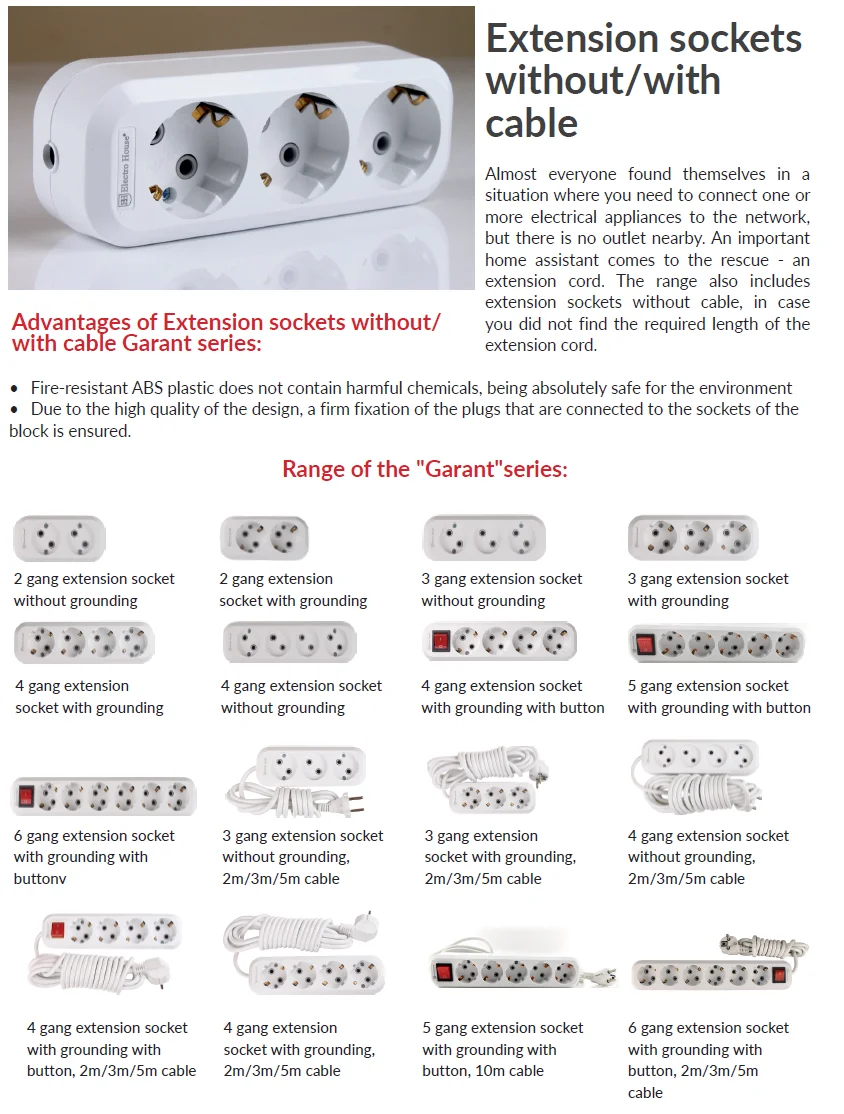 4 Way White Extension Socket - 2/3/5 Meters Cable