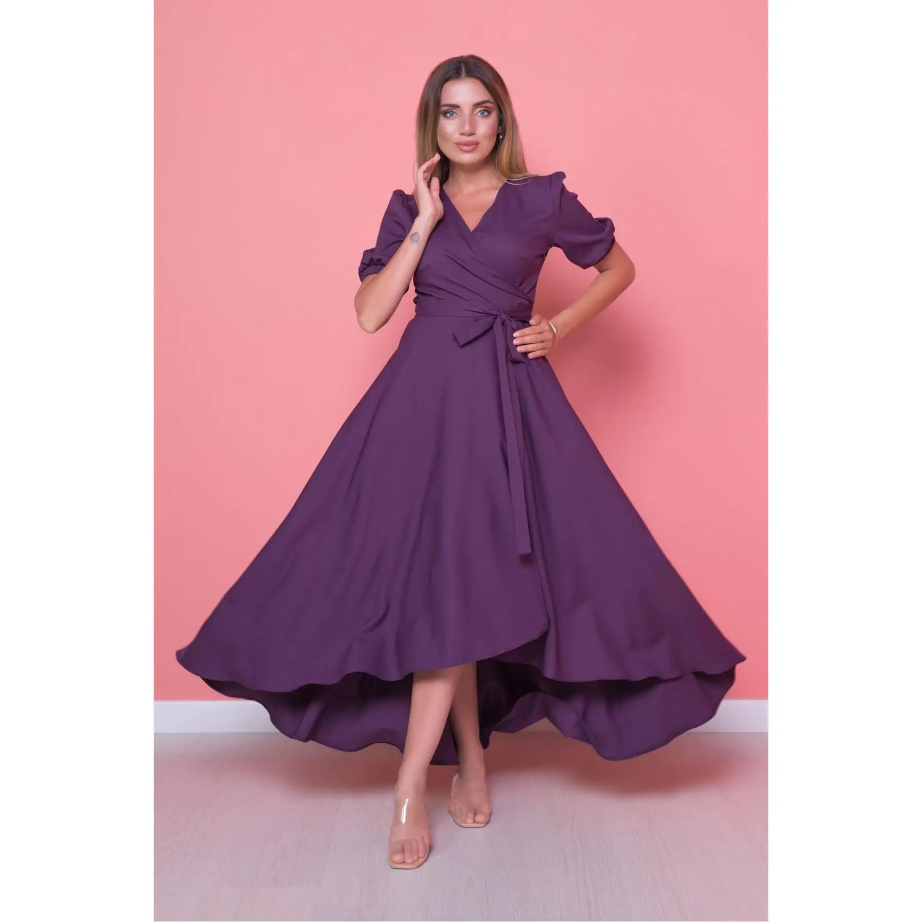 Asymmetric Cut Double Breasted Neck Short Sleeve Midi Purple Evening ...