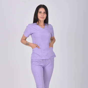 Hospital Uniforms Women Lilac Color Uniform Spandex Jogger Bottom Top ...