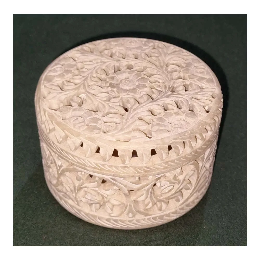Natural Soapstone Carving Round Shape Jewelry Boxes Stone Carving Boxes ...
