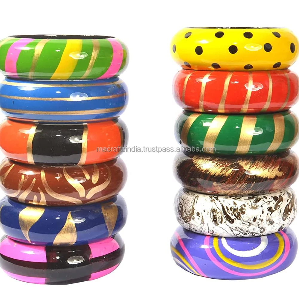 Hand Painted Wooden Bangles Painted Design For Women And Girls Wooden ...