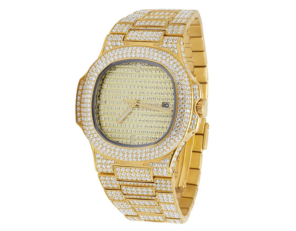 Mens Iced Yellow Stainless Steel Diamond Watch Fully Iced Out Watch ...