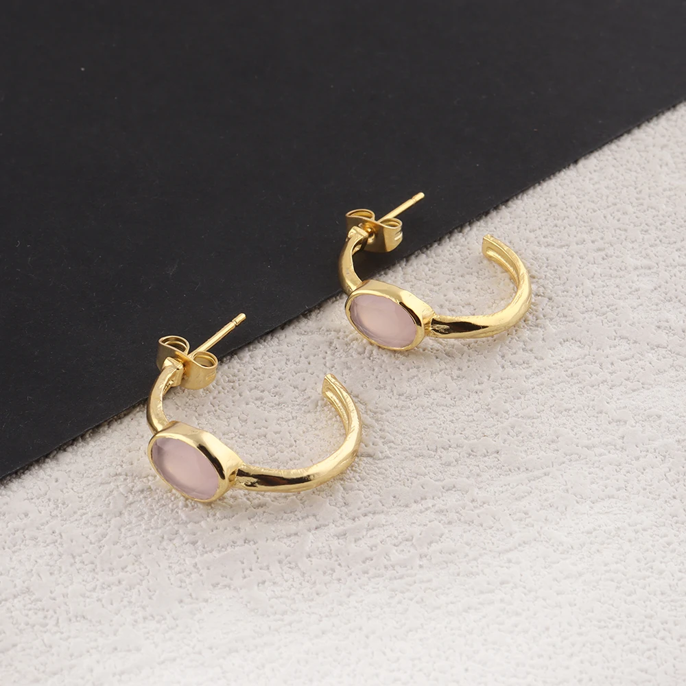 Rose Quartz Oval Shape Collet Setting Natural Gemstones Hoop Women ...