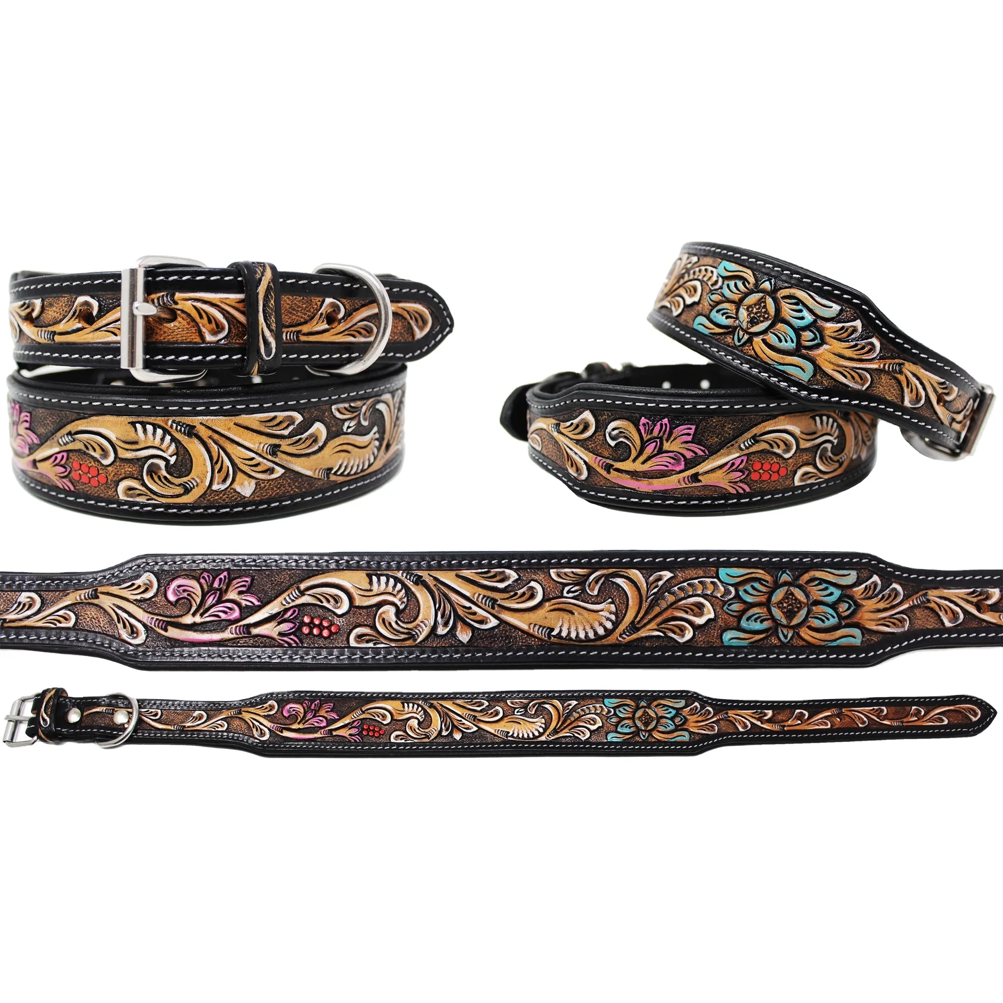 Western Style Hand Tooling & Carving Design Cow Leather Dog Collar With ...