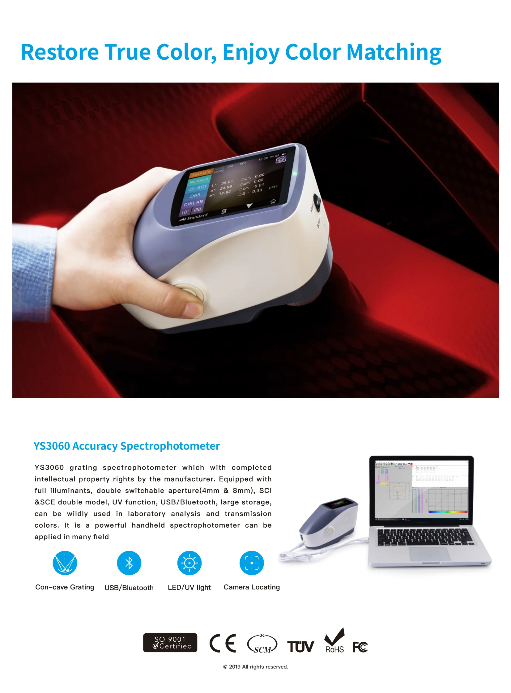 YS3060 3NH Portable Color Spectrophotometer for Car Paint Textile Color ...