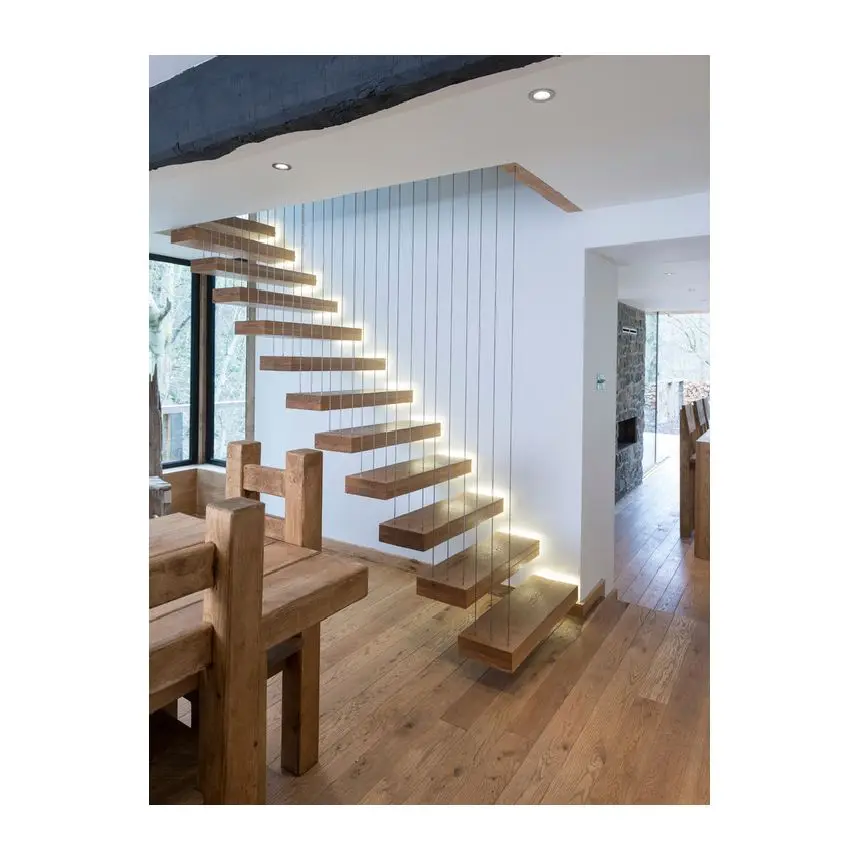 Floating Stairs Design Wood Stair Treads Hidden Beam House Stair glass ...