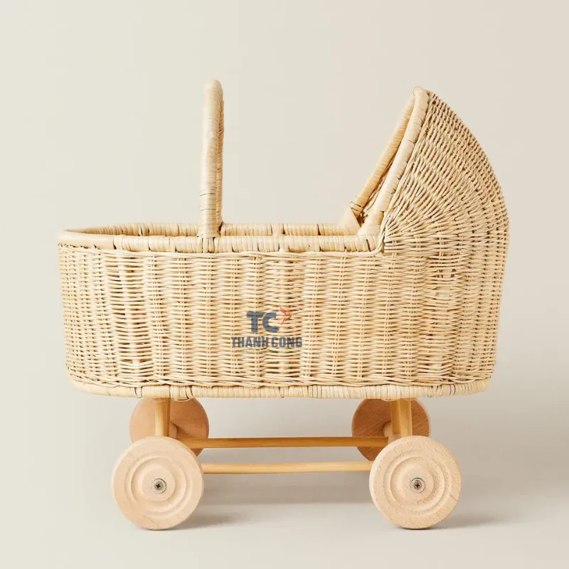 Rattan Dolls Pram with Wooden Wheels - Perfect for Strollers