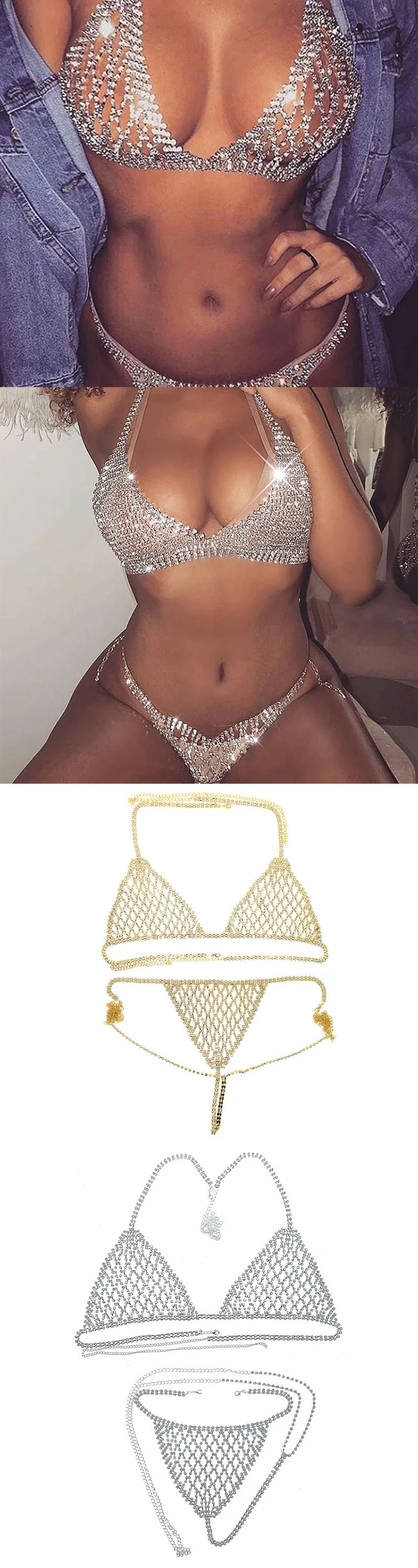 Exaggerated Rhinestone Bikini Body Chain Rhinestone Bling Night Club
