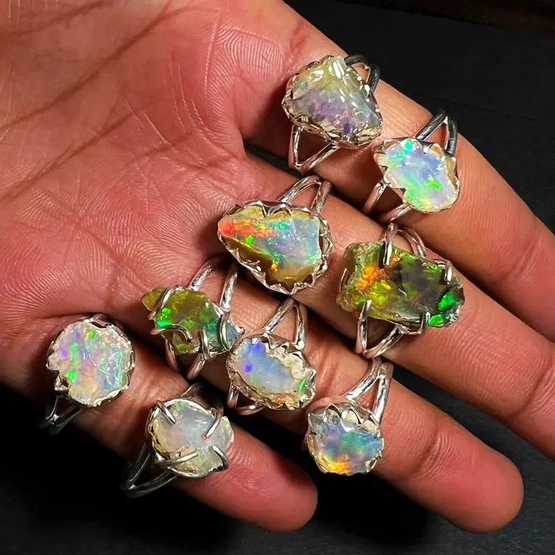 Fire Ethiopian Opal Rough Ring In 925 Silver Raw Opal Jewelry Claw ...