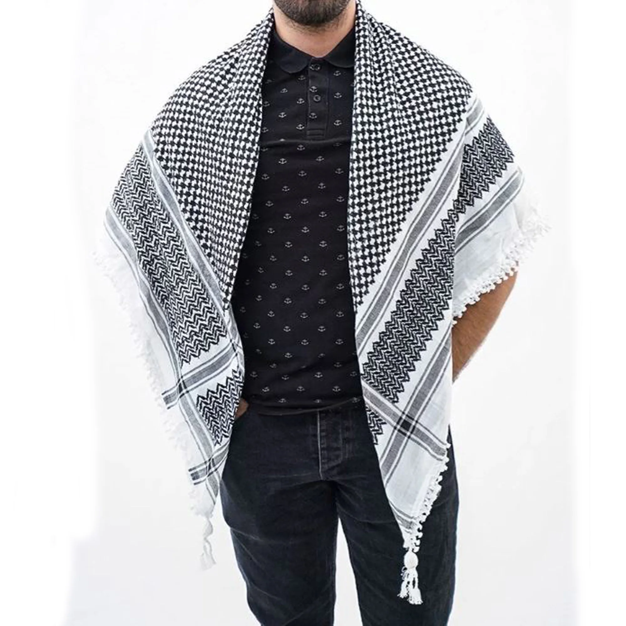 Black and White Shemagh Desert Keffiyeh Arafat Square Scarf Cotton ...