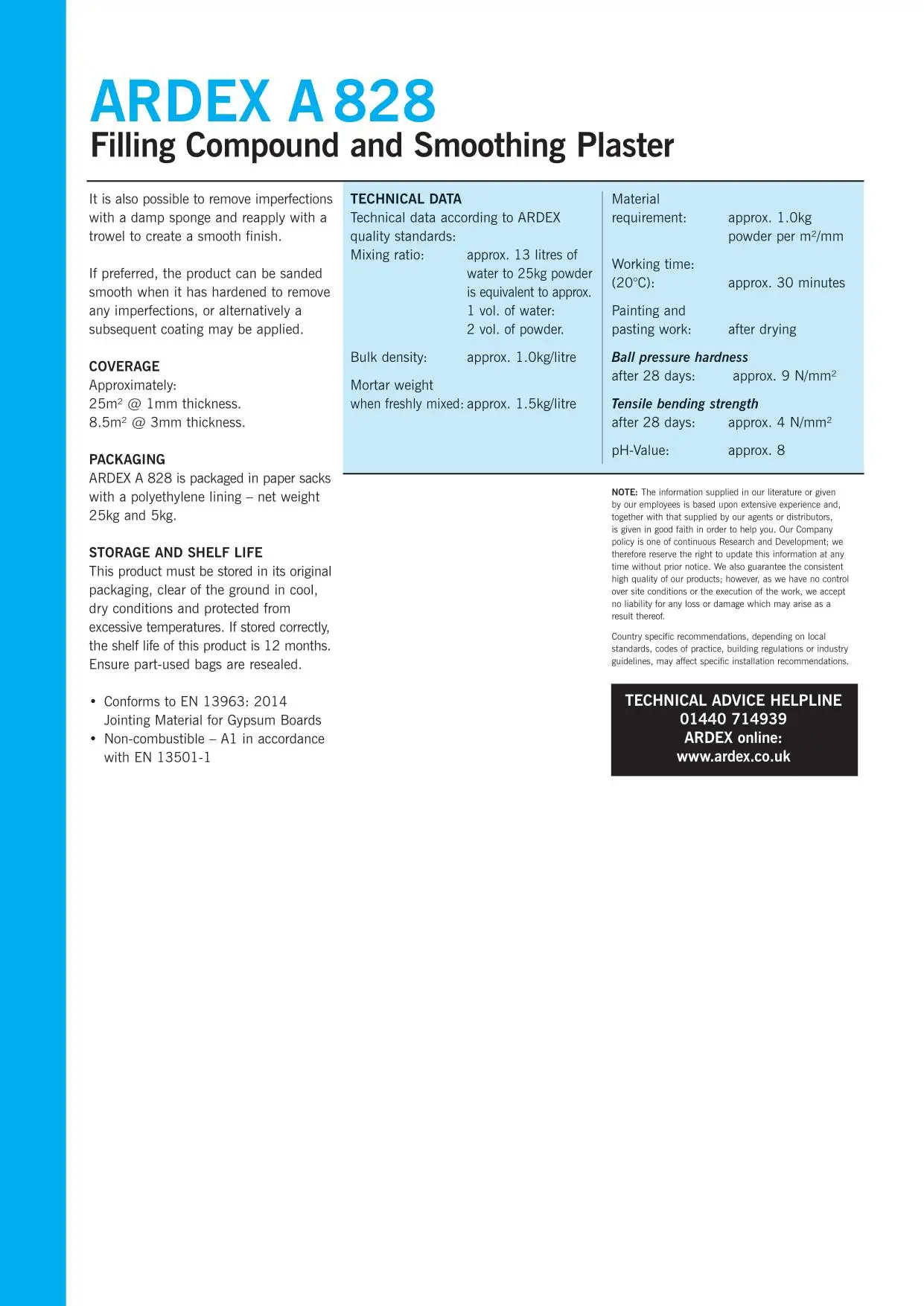 ARDEX A 828 Wall Filler - High Purity Gypsum Plaster