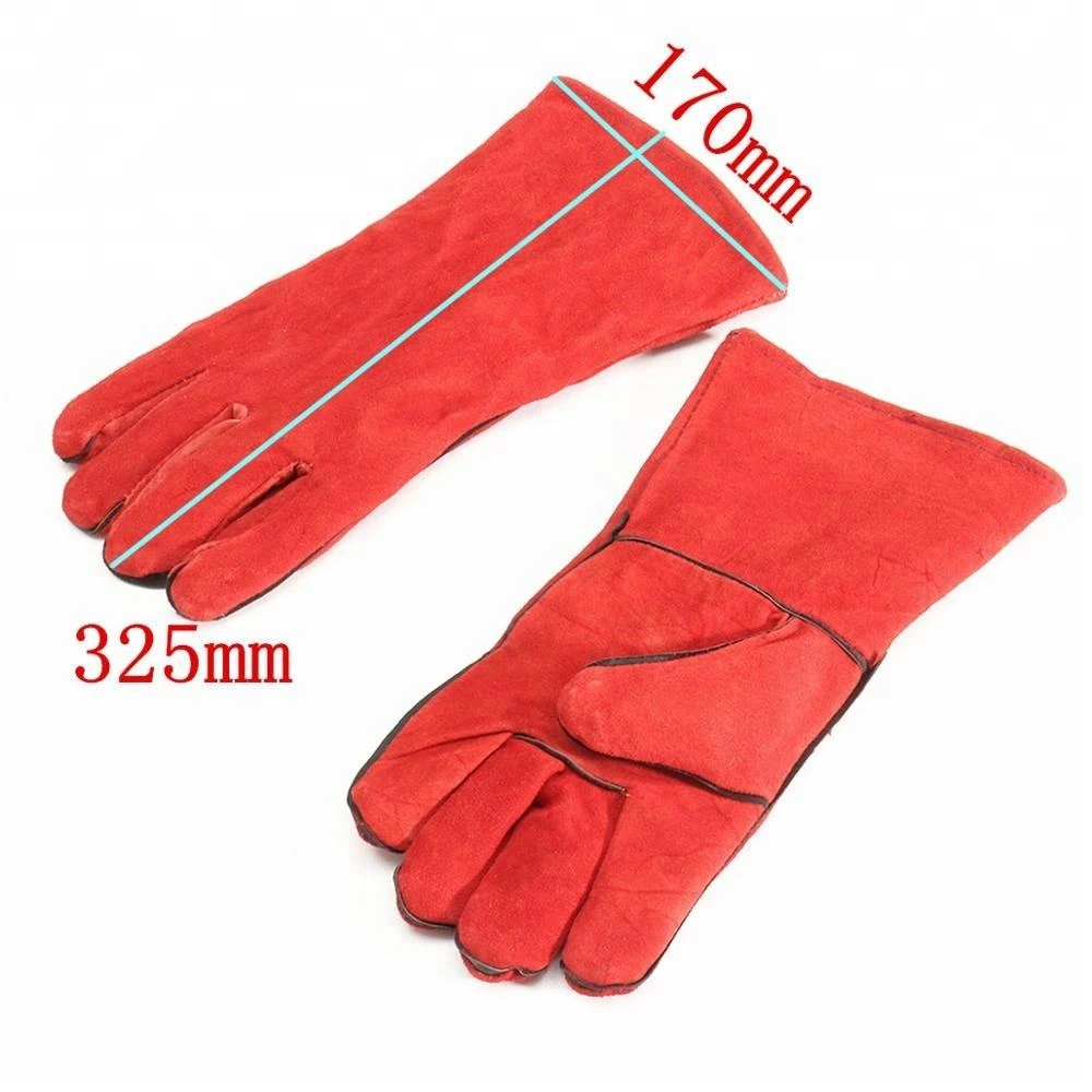 Red Split Leather Welding Safety Gloves Fireproof Gauntlet Work Gloves ...