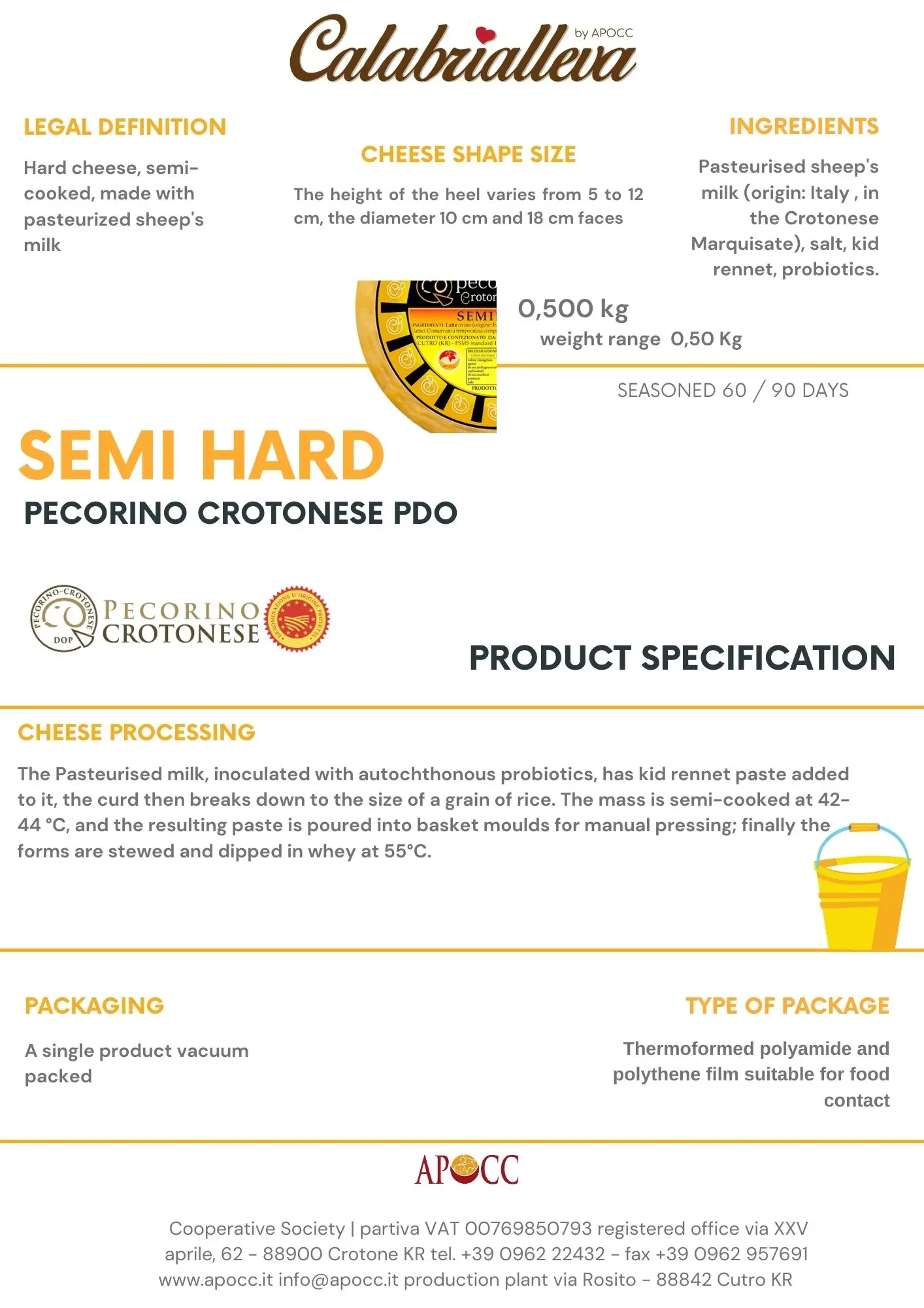 อิตาลีกึ่งแข็งแกะชีส Pecorino Crotonese Pdo 0,500กิโลกรัมประสบการณ์อาหา ...