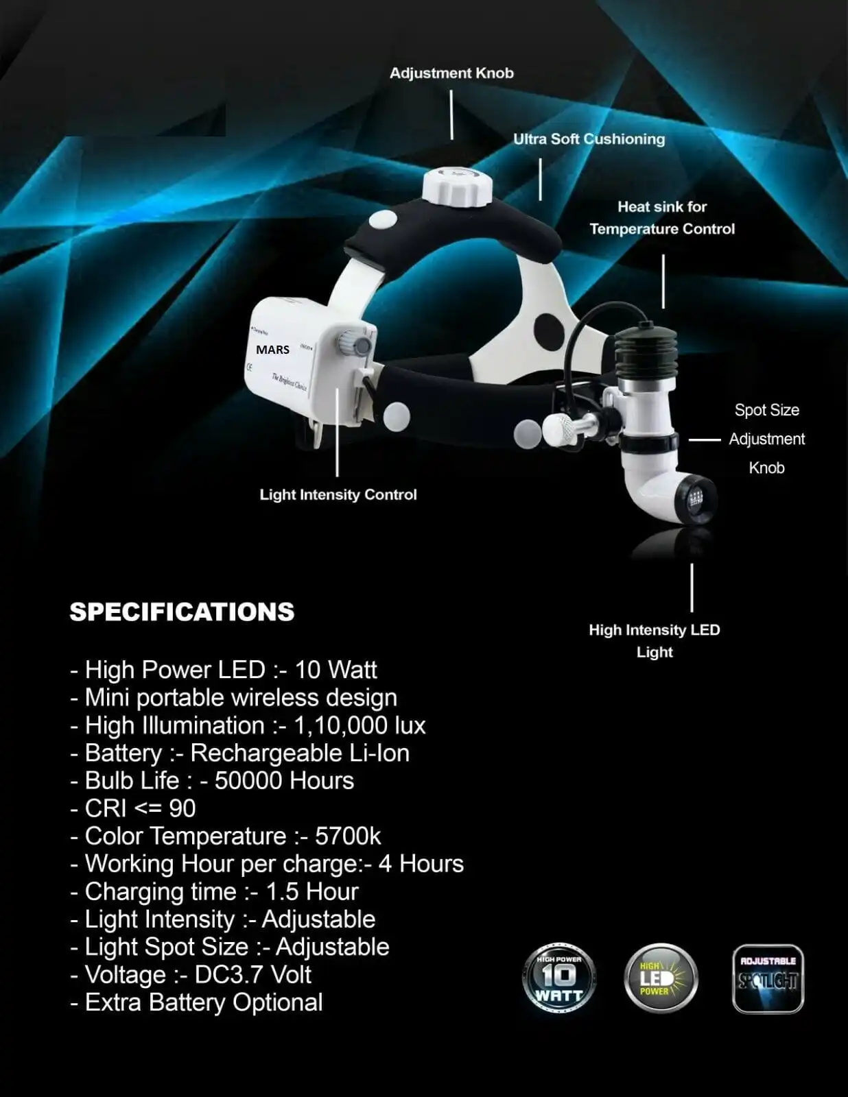 MARS Dental Surgical Headlight 10W - Wireless & Rechargeable