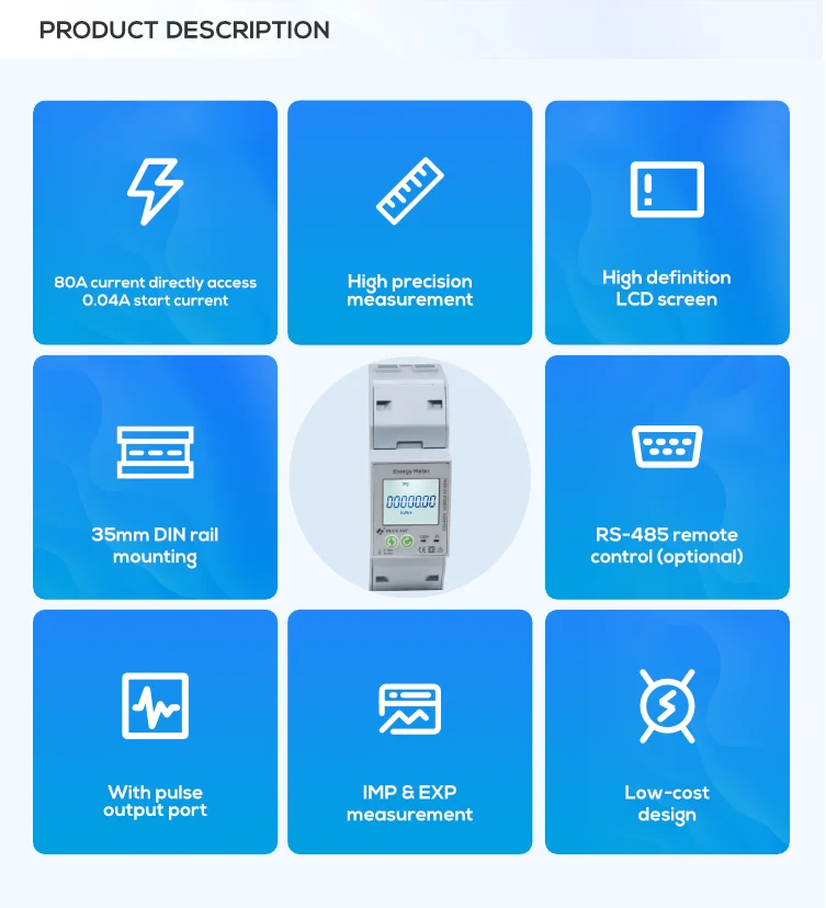 Din-rail 1p2w Power Electric Meter - Single-Phase 220v 80A