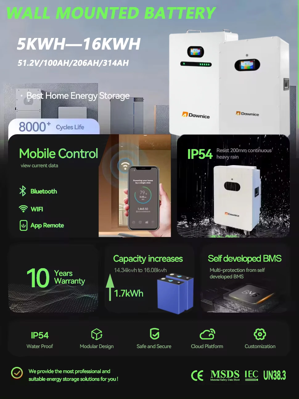 16KWH Wall Mount Lithium Battery IP54 Power Wall Premium Quality ...