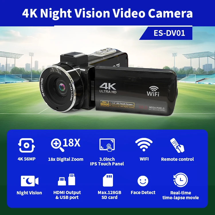 18X Digital Zoom Video Camcorder - 4K Camera with Touch Screen