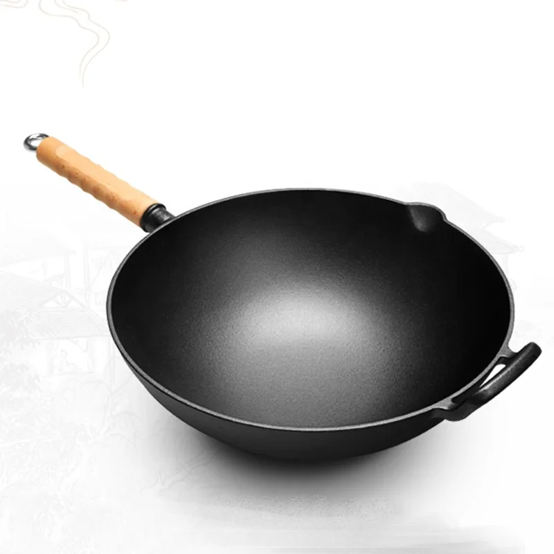 12 Inch Chinese Wok Traditional Cast Iron Stir Fry Wok Pan With Wooden ...