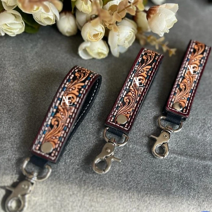 Hand Carved Tooled Leather Key Chains Embossed Floral Print Leather Key ...
