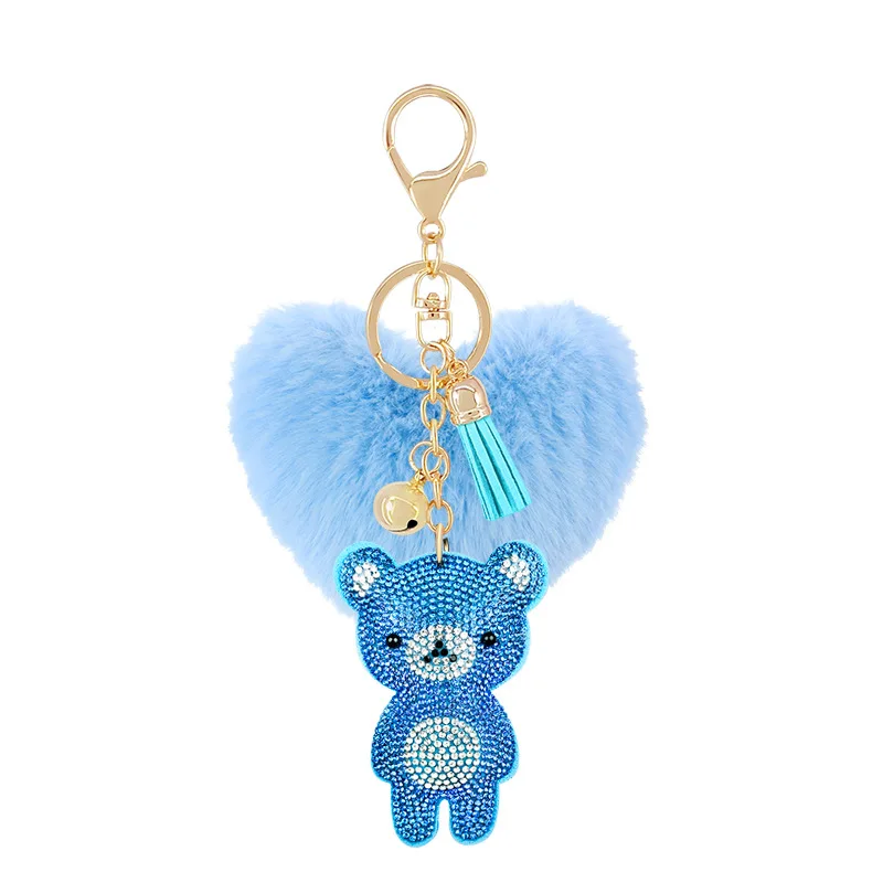 HOT Korea Velvet Diamond Cute Plush Teddy Bear Heart Fur Ball Keyrings ...