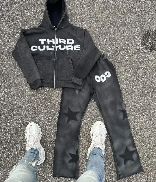 Custom Tracksuit Acid Wash Hoodie And Flared Sweats Distressed ...