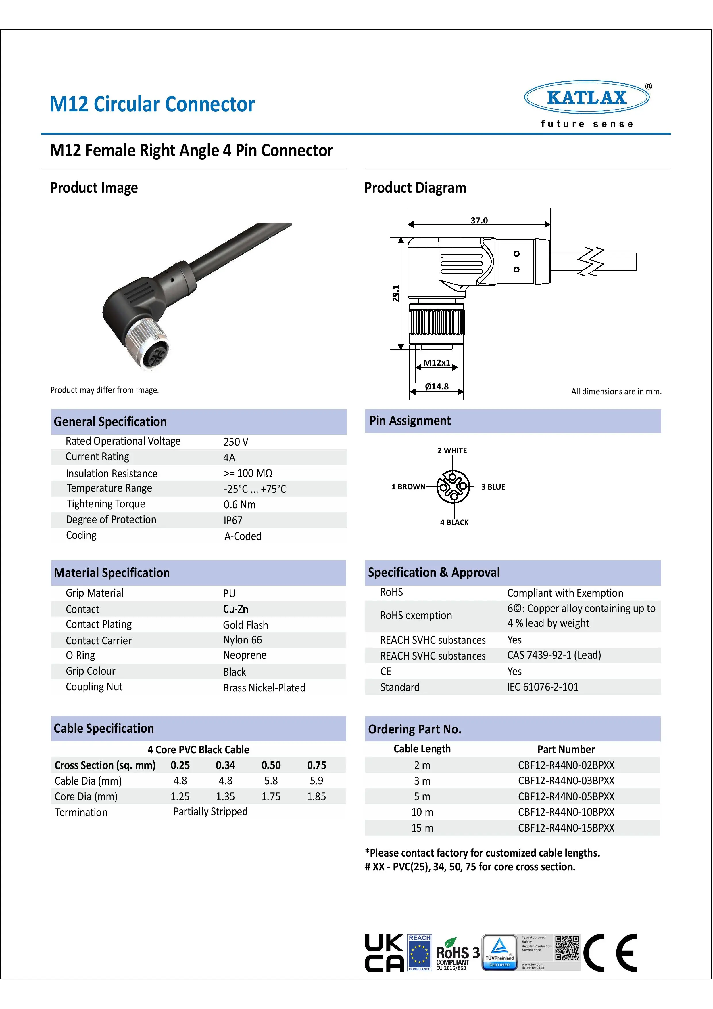 M12 Female Right Angle 4 Pin 4 Core X 0.25 Sqmm Pvc Cable With High ...